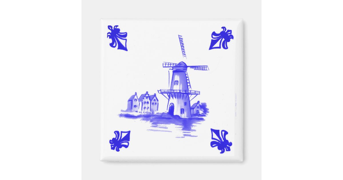 Blue Dutch Windmill Tile Delft look Magnet | Zazzle
