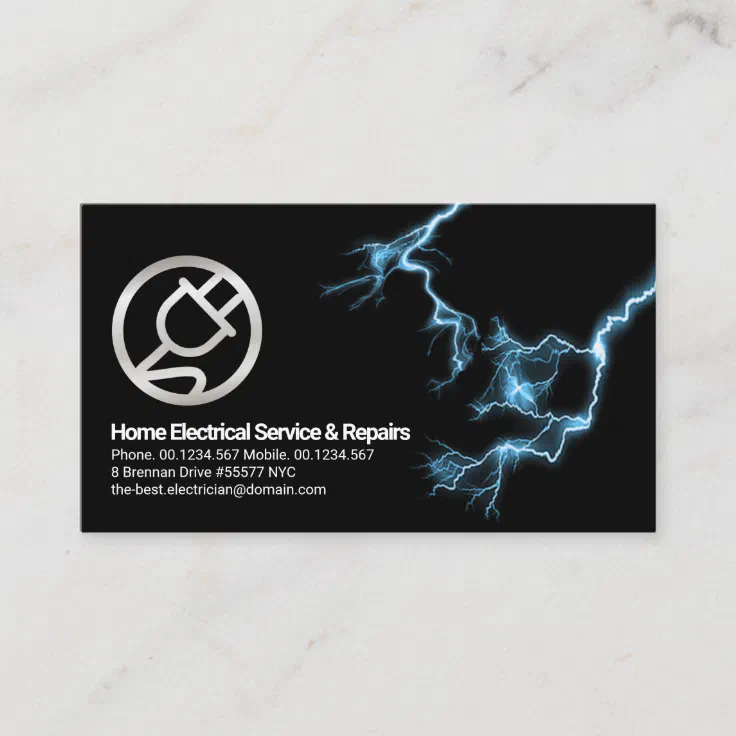 Blue Electric Lightning Strike Silver Power Plug Business Card | Zazzle