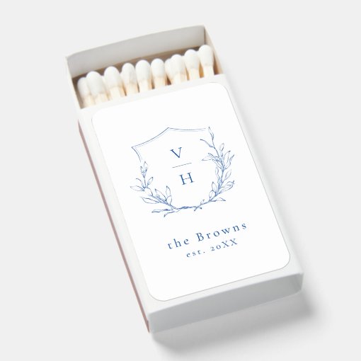 Blue elegance botanical crest monogram wedding matchboxes | Zazzle