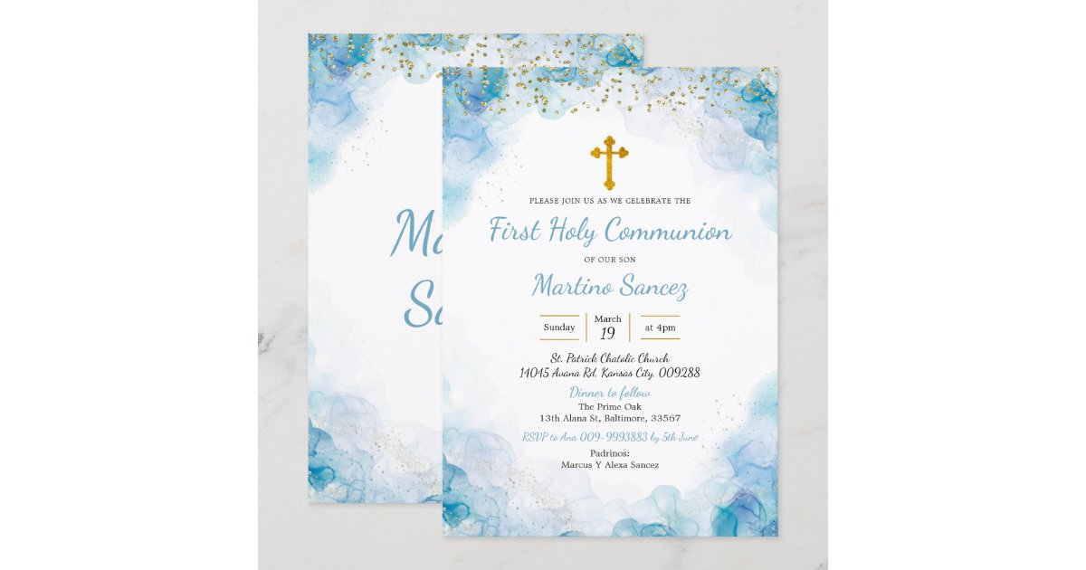 Blue Elegant Cross first communion Invitation | Zazzle