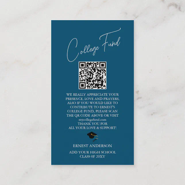 Blue Elegant Graduation Photo QR Code College Fund Enclosure Card | Zazzle