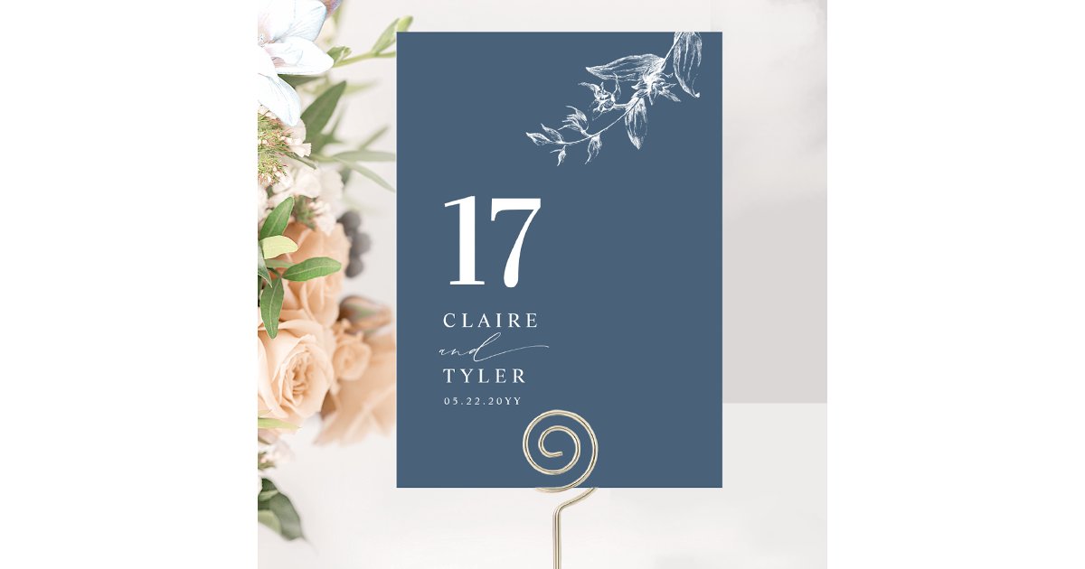 Blue Elegant, Minimal Botanical Wedding Table Number | Zazzle