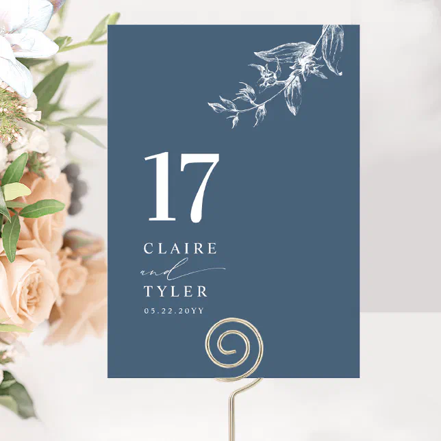 Blue Elegant, Minimal Botanical Wedding Table Number | Zazzle