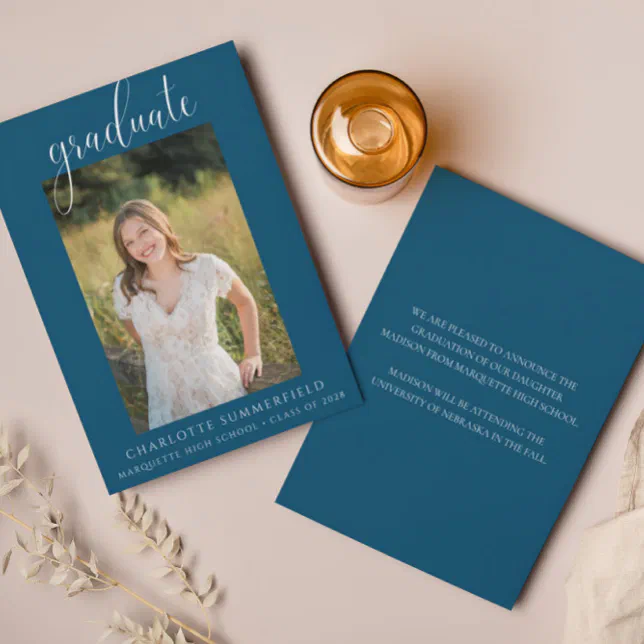 Blue Elegant Script Photo Graduation Announcement | Zazzle