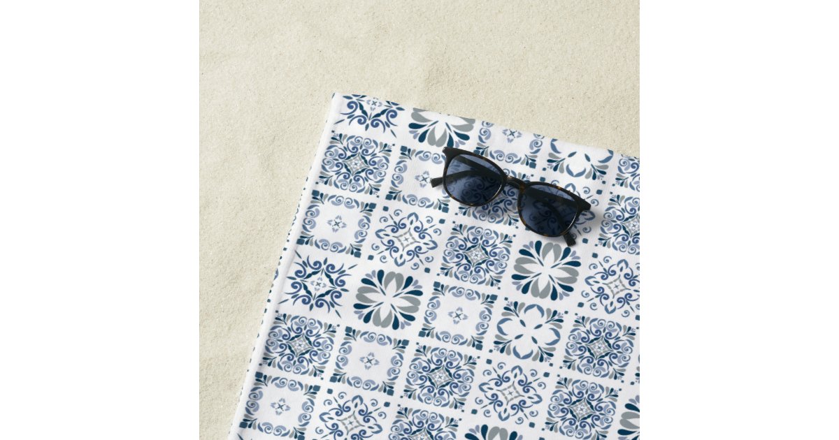 Blue Elegant Tile Vintage Beach Towel | Zazzle