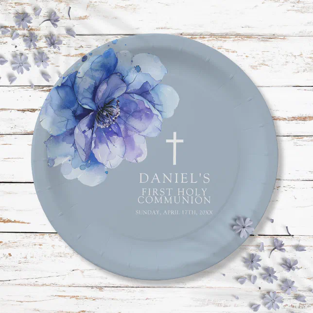 Blue Elegant Watercolor Floral Holy Communion Paper Plates | Zazzle