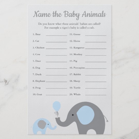 Blue Elephant Baby Shower Baby Animal Name Game Flyer | Zazzle.com