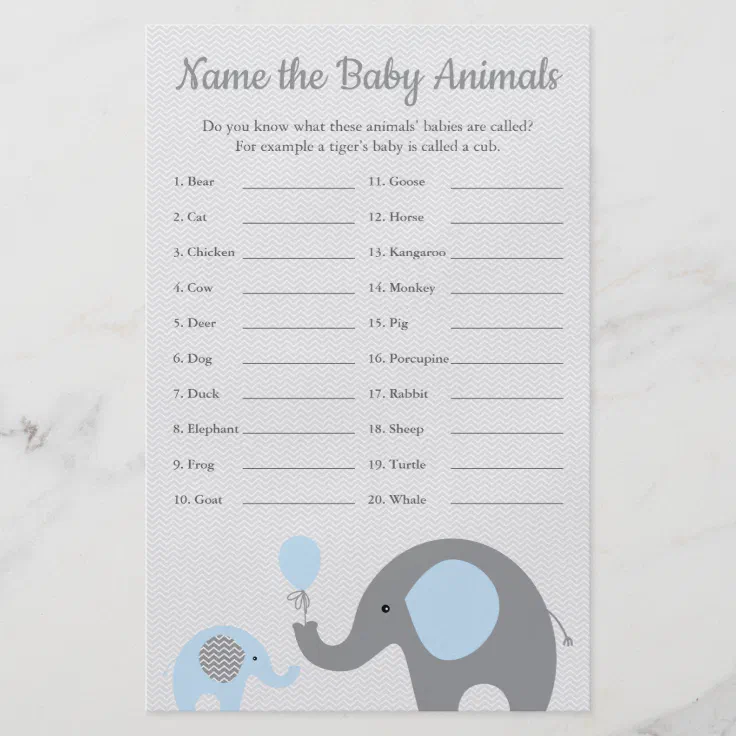 Blue Elephant Baby Shower Baby Animal Name Game Flyer | Zazzle