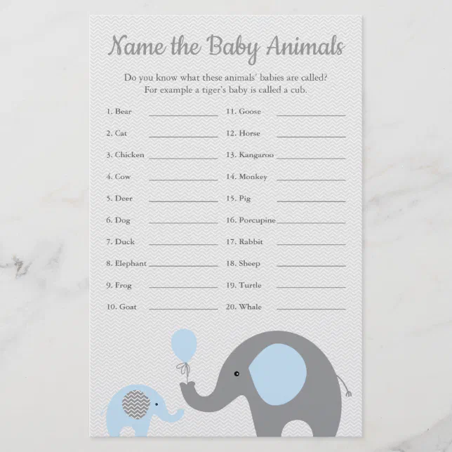 Blue Elephant Baby Shower Baby Animal Name Game Flyer | Zazzle