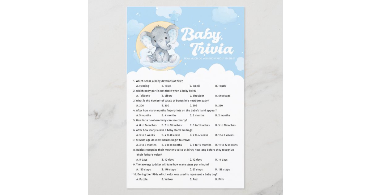 Blue Elephant Baby Shower Baby Trivia Game | Zazzle