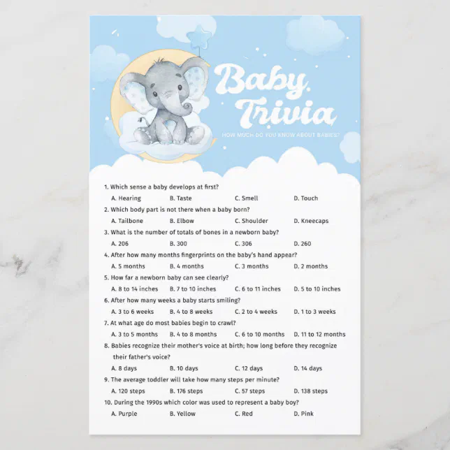 Blue Elephant Baby Shower Baby Trivia Game | Zazzle