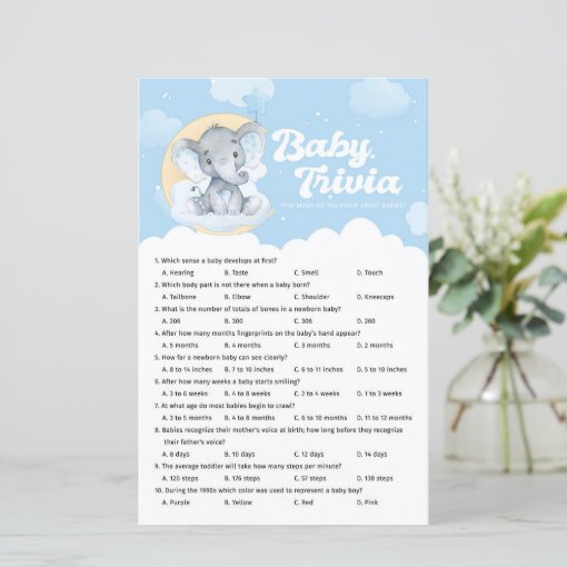 Blue Elephant Baby Shower Baby Trivia Game | Zazzle