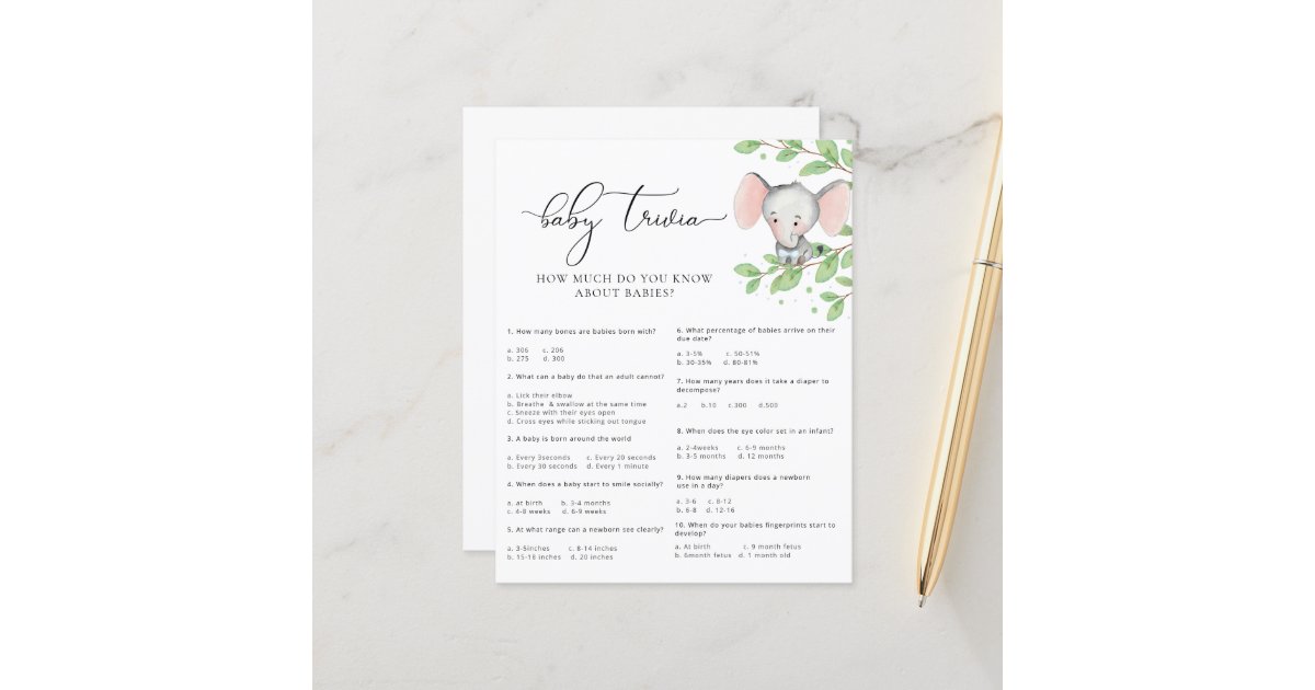 Blue Elephant Baby Shower Baby Trivia Game | Zazzle