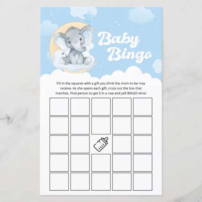 Blue Elephant Baby Shower Bingo Game | Zazzle