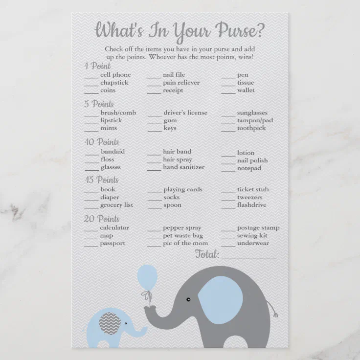 Blue Elephant Baby Shower What's in Your Purse Flyer | Zazzle