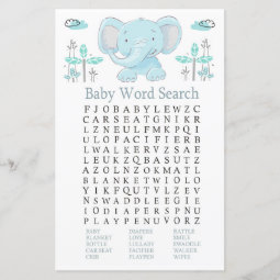 Blue elephant Baby Shower Word Search Game | Zazzle