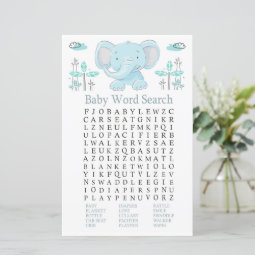 Blue elephant Baby Shower Word Search Game | Zazzle