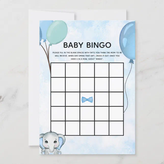 Blue Elephant Balloons Baby Shower Baby Bingo Card | Zazzle