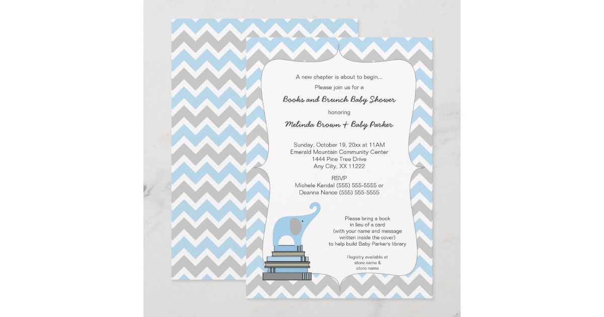 Blue Elephant Book Baby Shower, books and brunch Invitation | Zazzle