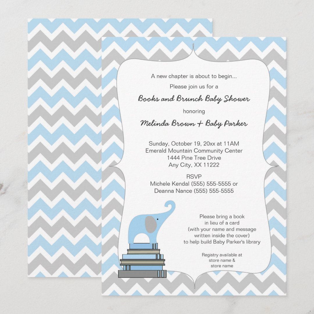 Blue Elephant Book Baby Shower, books and brunch Invitation | Zazzle
