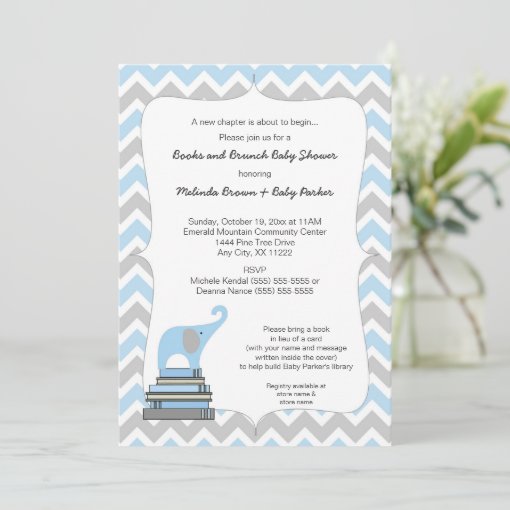Blue Elephant Book Baby Shower, books and brunch Invitation | Zazzle