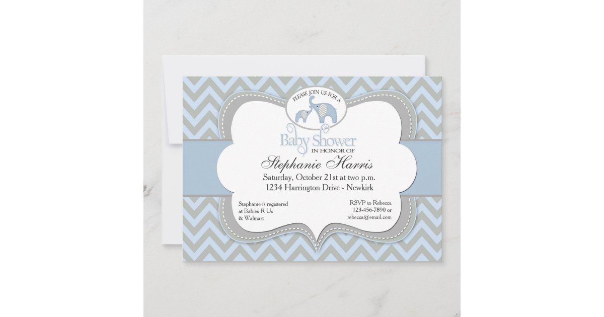 Blue Elephant Chevron Baby Shower Invitation | Zazzle