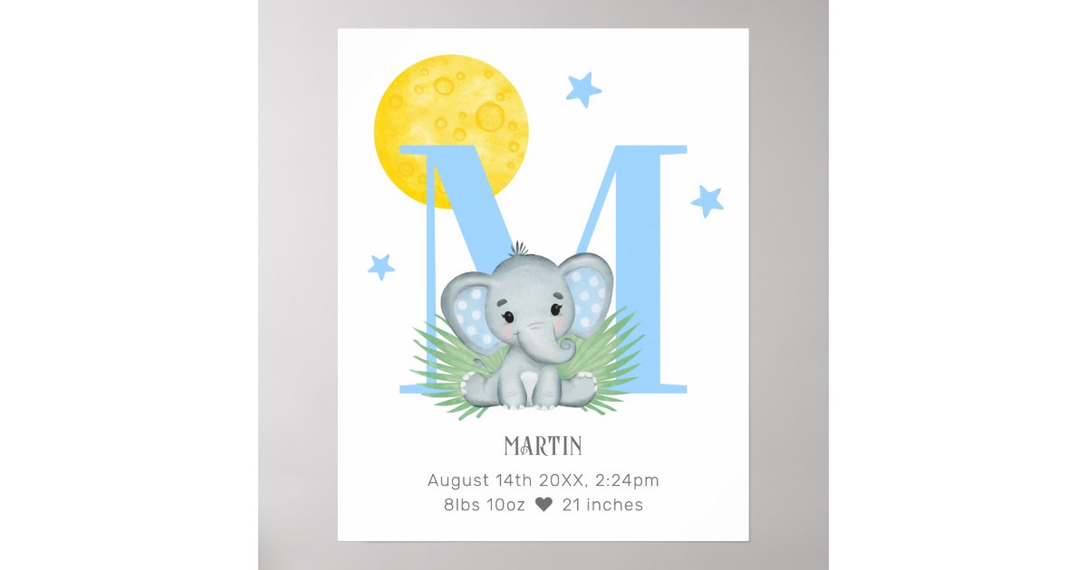 Blue Elephant Letter M Custom Baby Name Nursery Poster | Zazzle