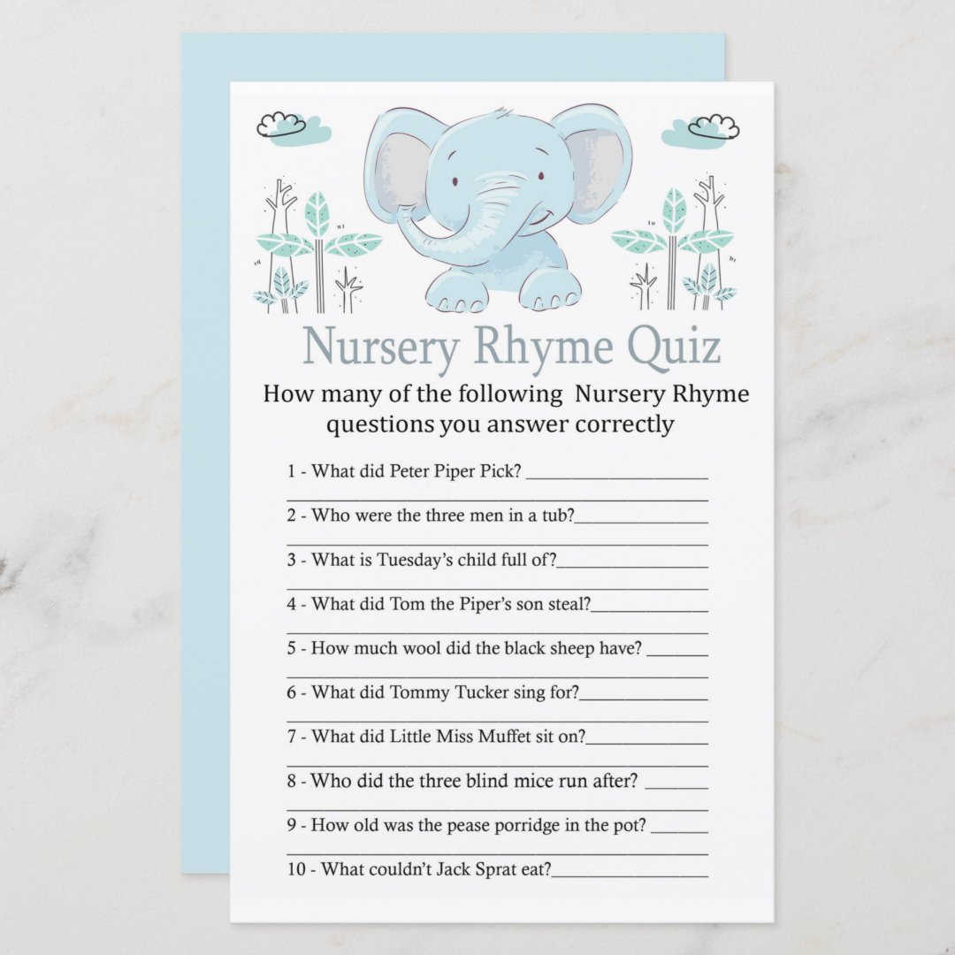 Blue elephant Nursery Rhyme Quiz baby shower game | Zazzle
