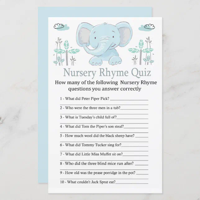 Blue elephant Nursery Rhyme Quiz baby shower game | Zazzle