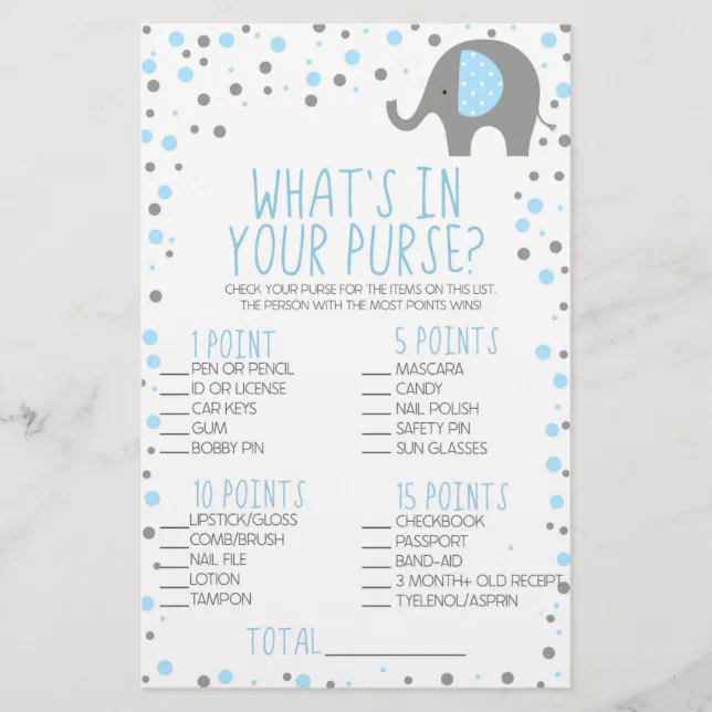 Blue Elephant What's In Purse Baby Shower Game Stationery | Zazzle