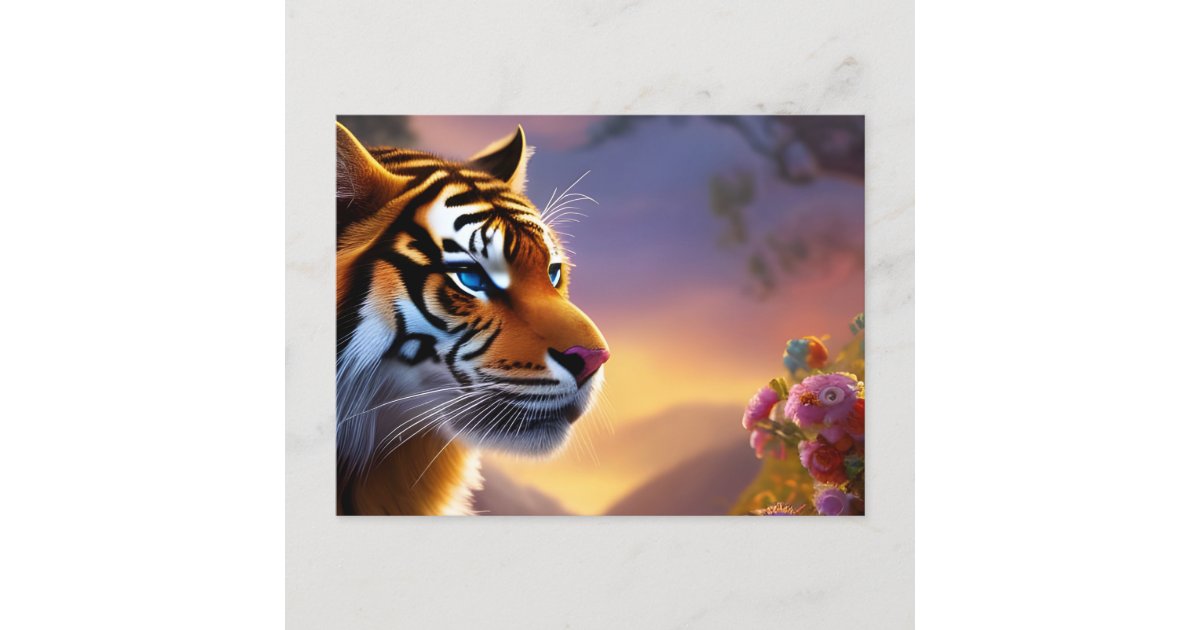 Blue Eyed Tiger and Pink Flowers Postcard | Zazzle
