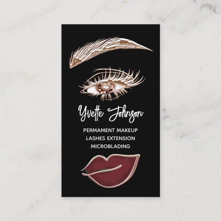 Blue Eyelash Brows Makeup Logo QRCode Gold Red Lip Business Card | Zazzle