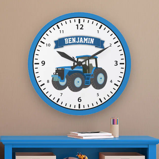 Blue Farm Tractor Personalized Name Kids Room Large Clock | Zazzle