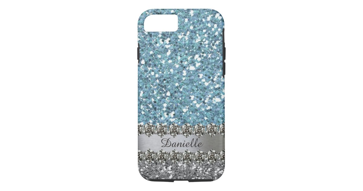 Blue Faux Glitter Diamond Bling Personalized Case-Mate iPhone Case | Zazzle