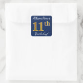 Blue, Faux Gold 11th Birthday + Custom Name Square Sticker | Zazzle