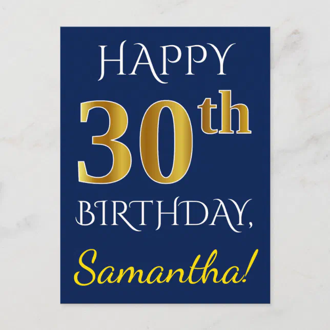 Blue, Faux Gold 30th Birthday + Custom Name Postcard | Zazzle