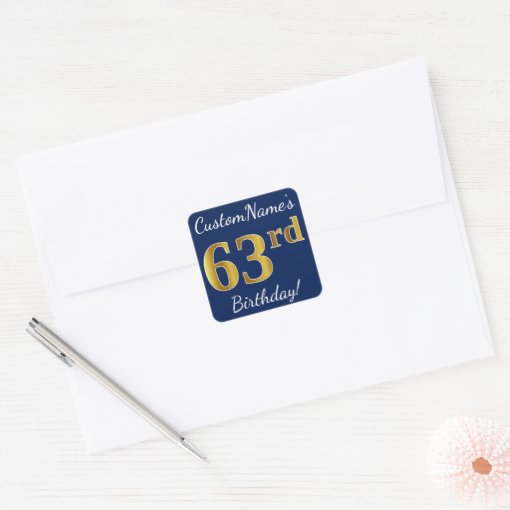 Blue, Faux Gold 63rd Birthday + Custom Name Square Sticker | Zazzle