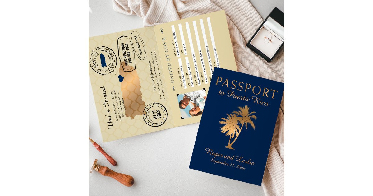 Blue Faux Gold Foil Puerto Rico Wedding Passport Invitation | Zazzle