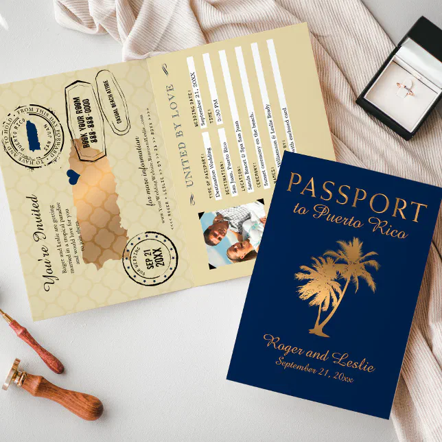Blue Faux Gold Foil Puerto Rico Wedding Passport Invitation | Zazzle