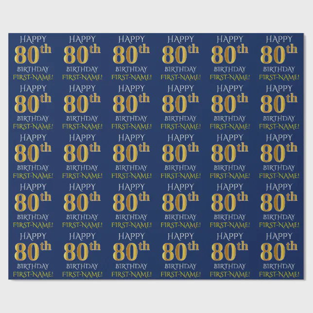 Blue, Faux Gold "HAPPY 80th BIRTHDAY" Wrapping Paper | Zazzle