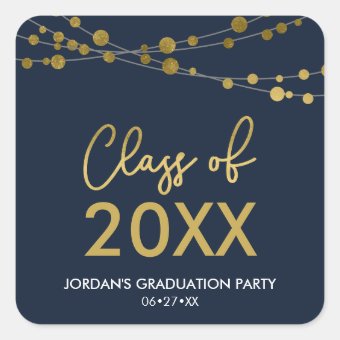 Blue Faux Gold Lights Class of 2024 Grad Party Square Sticker | Zazzle