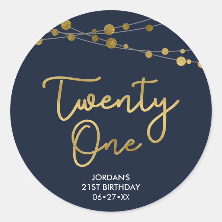 Blue Faux Gold Strings of Lights 21st Birthday Classic Round Sticker ...