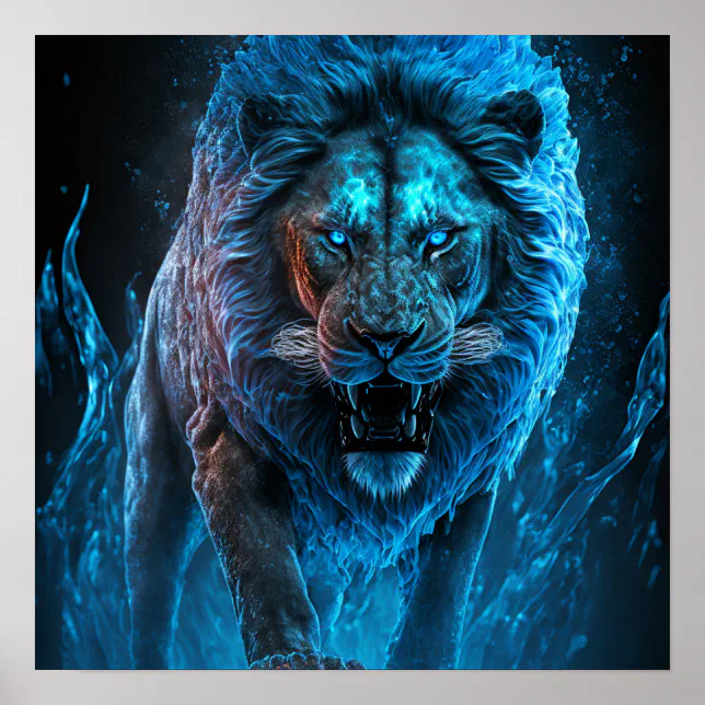 Blue Fire Lion Poster | Zazzle