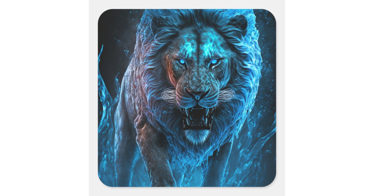 Blue Fire Lion Square Sticker | Zazzle