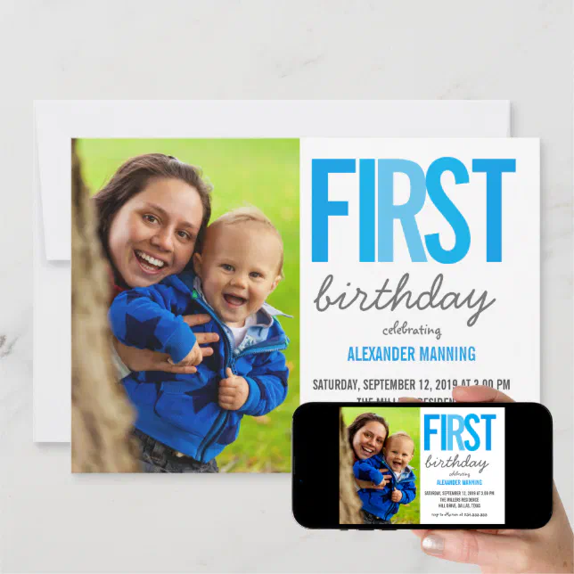 Blue First Birthday Typography Polka Dots Photo Invitation | Zazzle