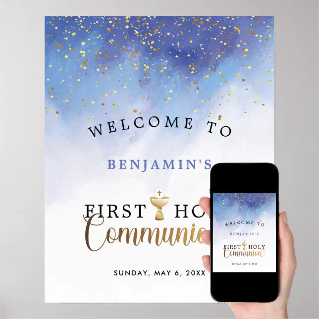 Blue First Holy Communion Welcome Poster | Zazzle