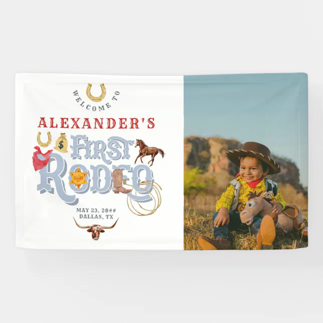 Blue First Rodeo Baby Boy 1st Birthday Welcome Banner | Zazzle