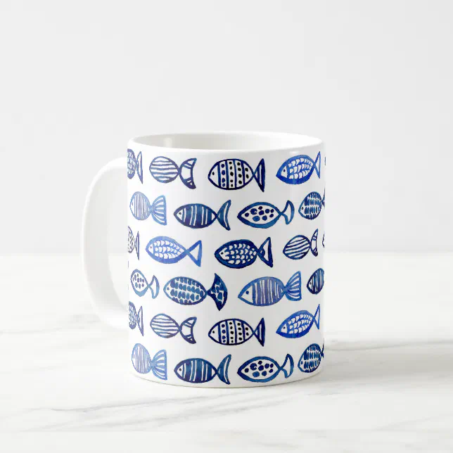 Blue fish watercolor. Navy nautical. Modern Coffee Mug | Zazzle