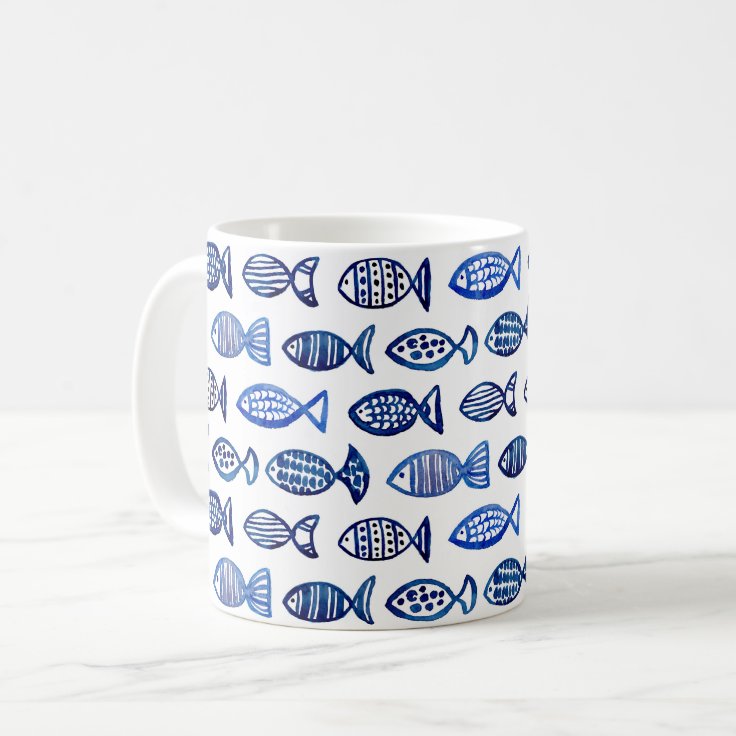 Blue fish watercolor. Navy nautical. Modern Coffee Mug | Zazzle