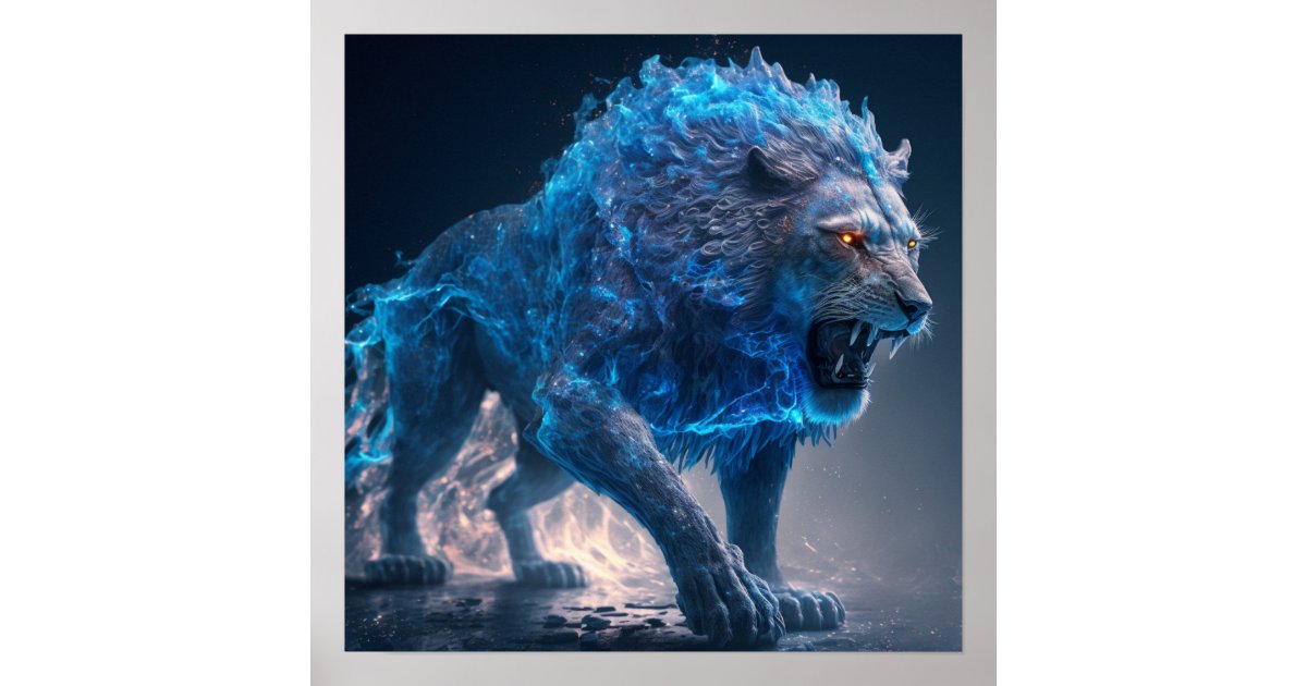 Blue Flames Fire Lion Poster | Zazzle